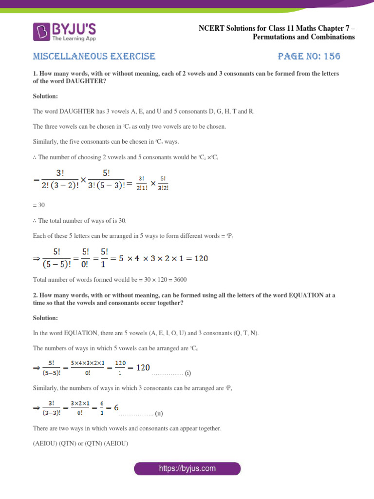 NCERT Solutions For Class 11 Maths Chapter 7 Permutations and Combinations Miscellaneous ...