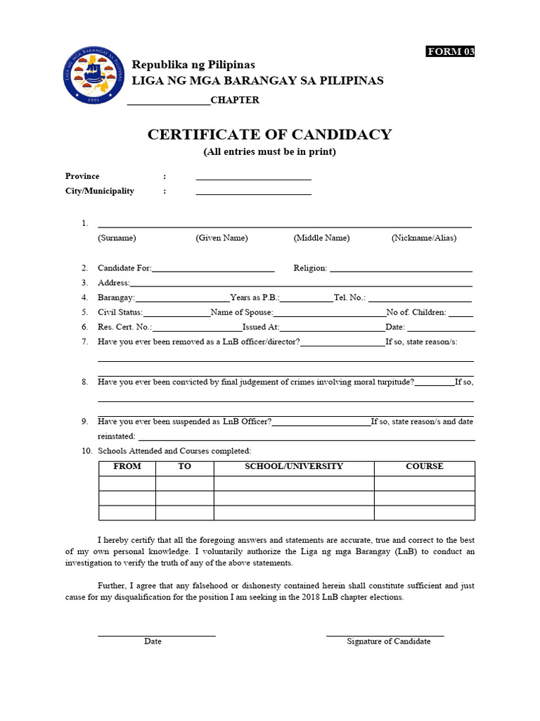 Barangay Candidacy Form 2025 | PDF | Law