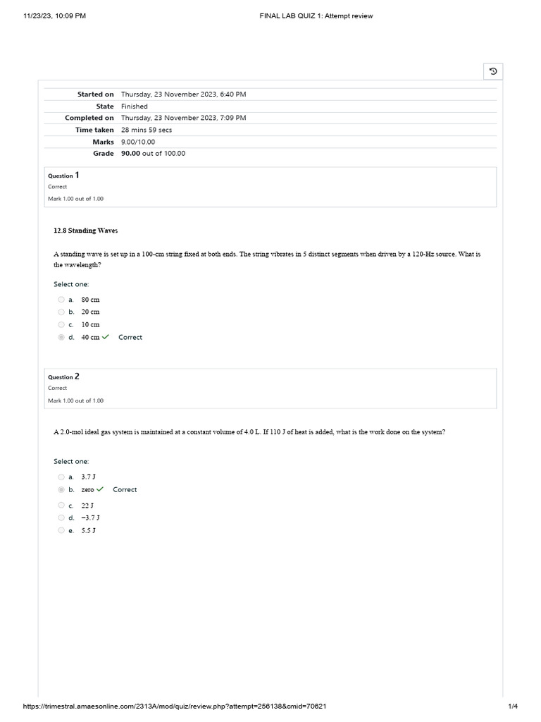 FINAL LAB QUIZ 1 - Attempt Review | PDF | Waves | Sound