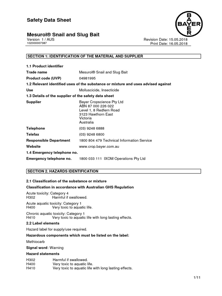 Mesurol Snail and Slug Bait SDS | Download Free PDF | Dangerous Goods ...