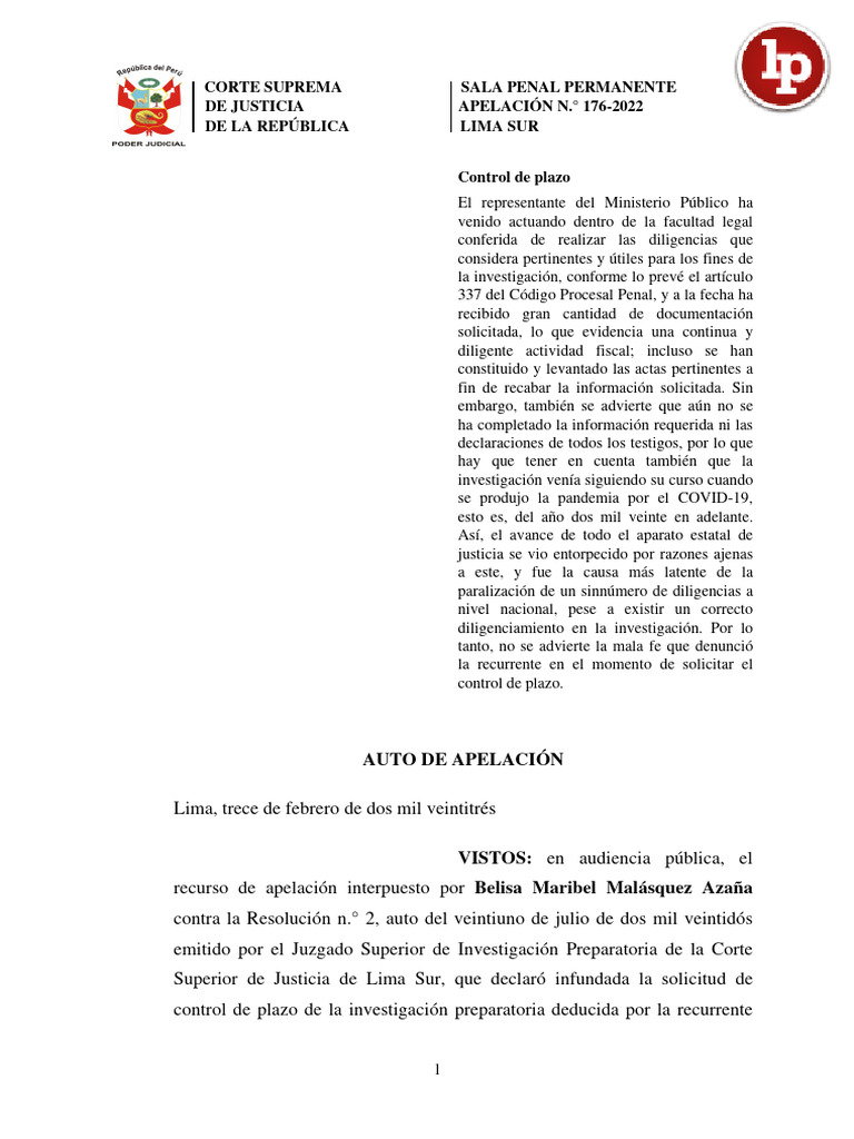 01 Apelacion-176-2022-Lima-Sur CONTROL PLAZO | PDF | Fiscal | Apelación