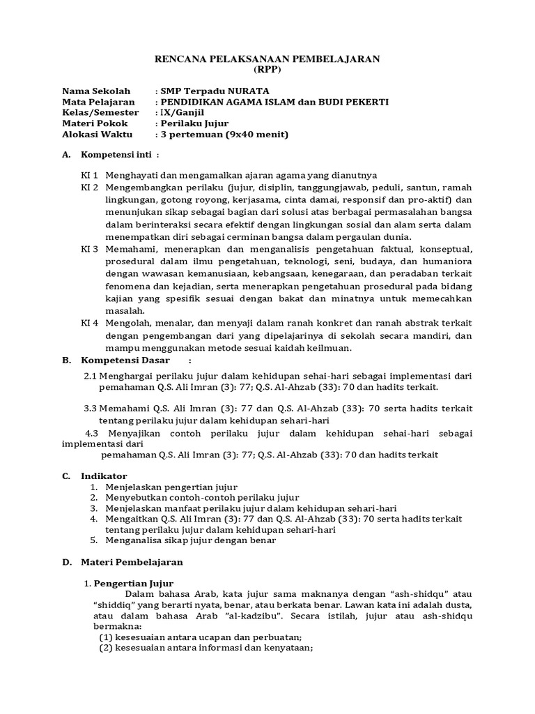 RPP PAI Kelas 9 Bab 3 - SMSTR 1 | PDF | Karier & Perkembangan