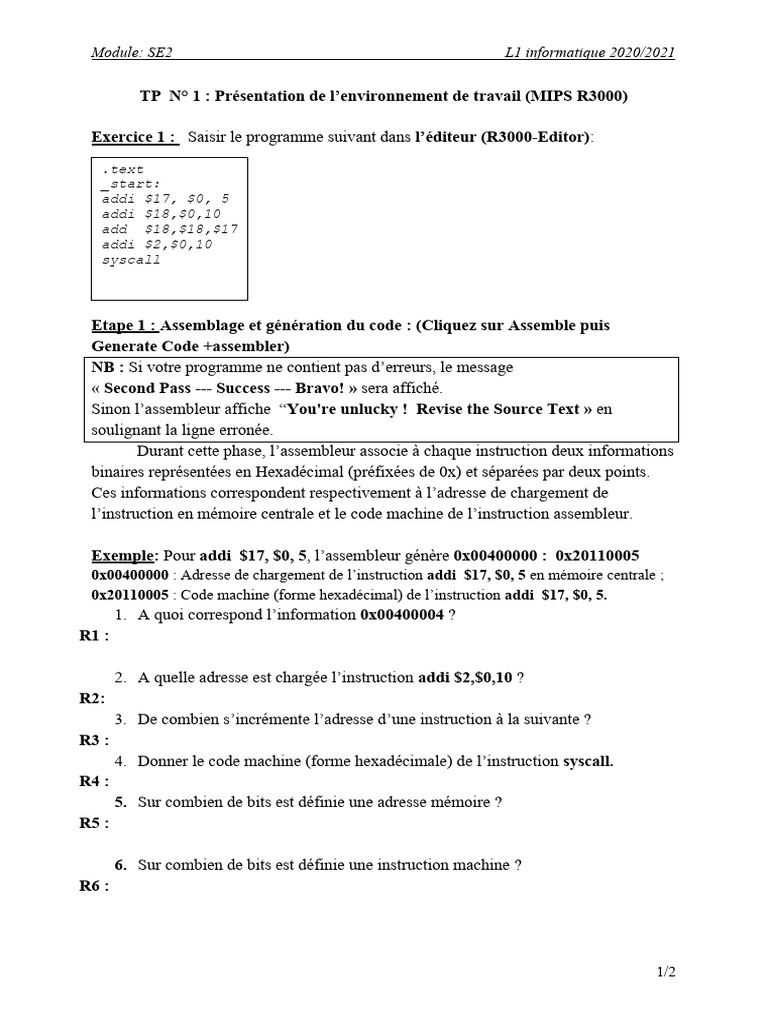 Module: Se2 L1 Informatique 2020/2021 | PDF | Assembleur | Programme informatique