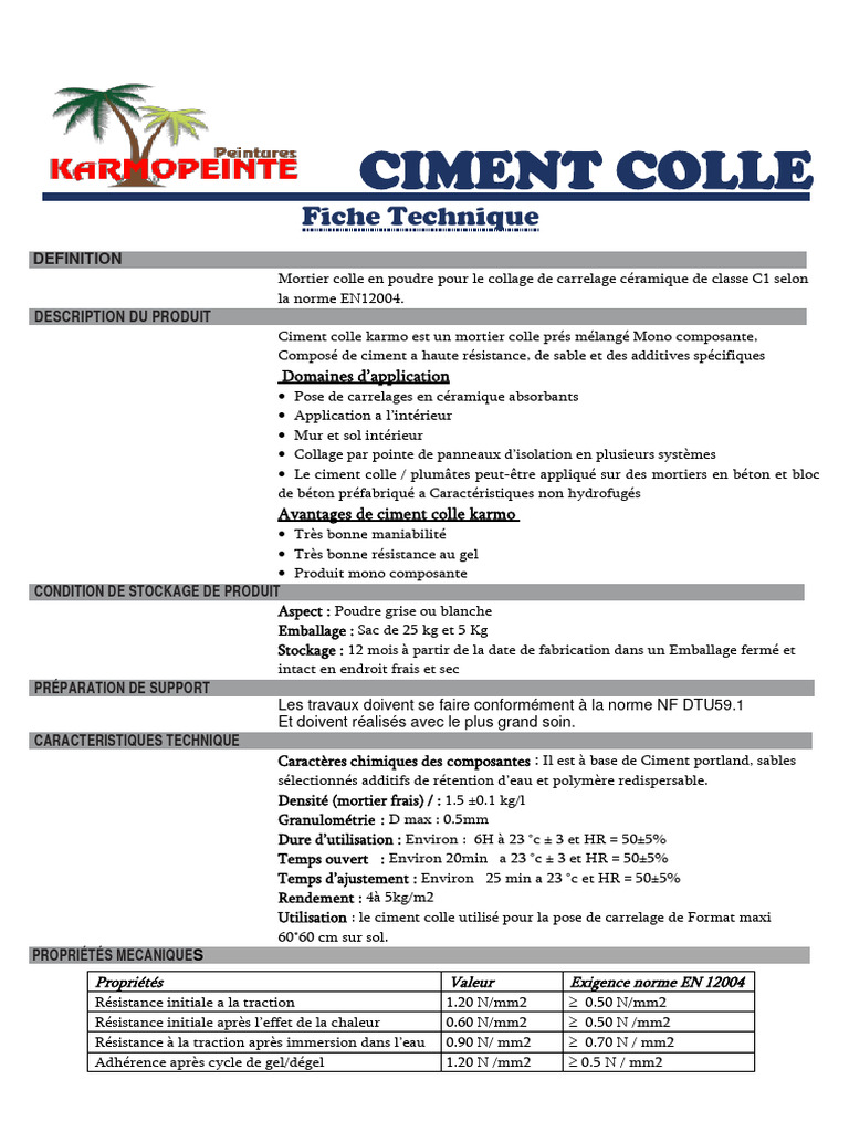 Ciment Colle Karmo : Fiche Technique et Utilisation | PDF | Ciment | Béton