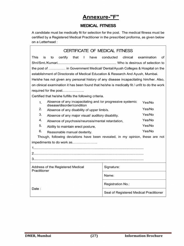 DMER Medical Fitness Certificate | PDF