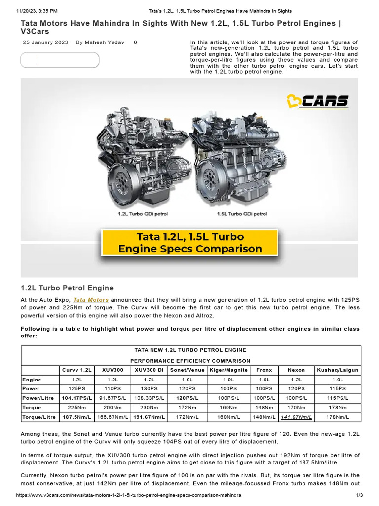 Tata's 1.2L, 1.5L Turbo Petrol Engines Have Mahindra in Sights | PDF ...