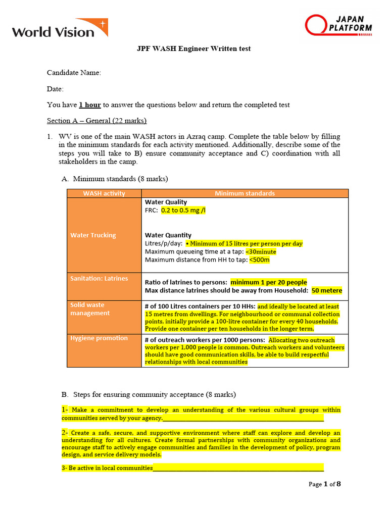 JPF WASH Engineer Written Test 10 October - Dhafer Obeidat | PDF