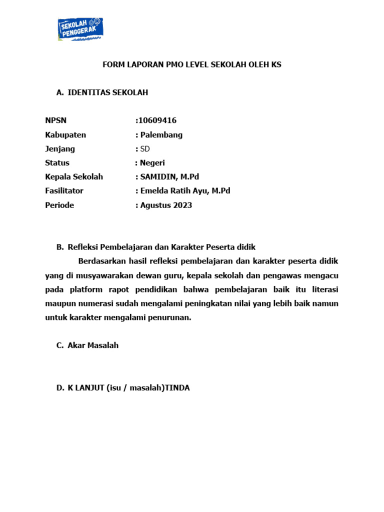 Form Laporan Tindak Lanjut Pmo Level Sekolah Oleh Kepala Sekolah | PDF
