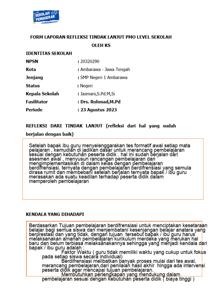 Salinan Dari FORM LAPORAN REFLEKSI TINDAK LANJUT PMO LEVEL SEKOLAH OLEH KEPALA SEKOLAH | PDF
