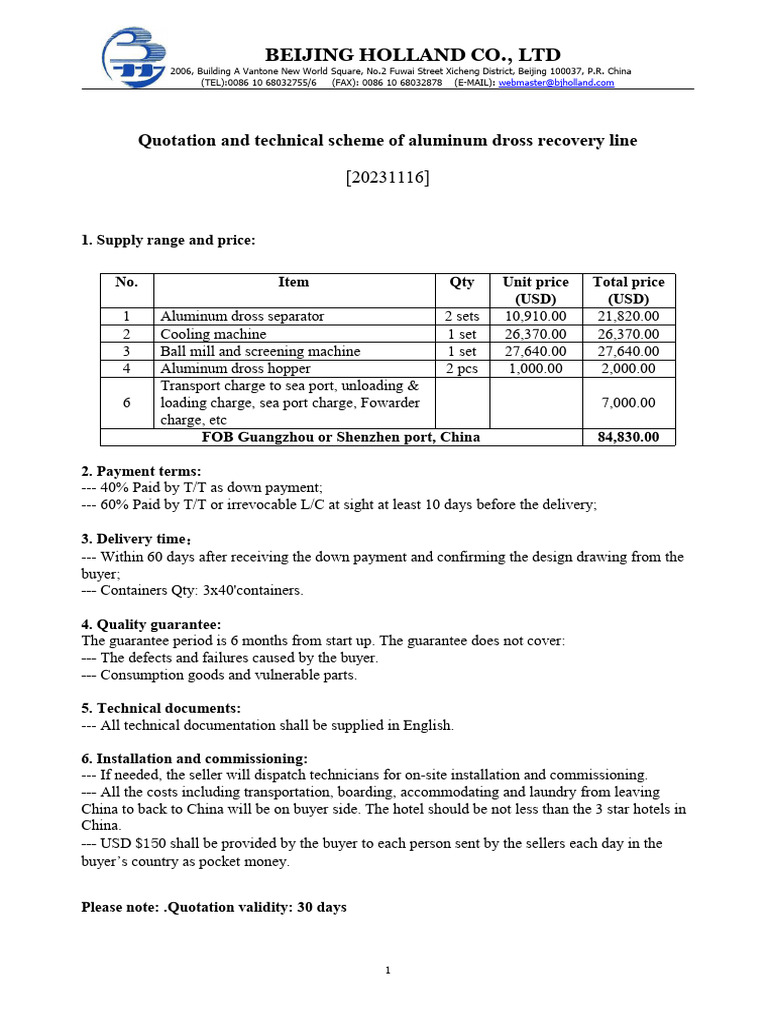 Aluminum Dross Recovery Quotation | PDF | Aluminium | Steel