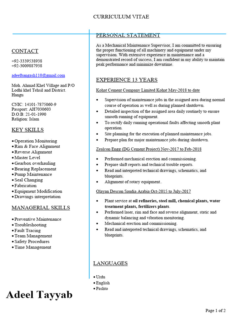 CV FORMAT | PDF | Mechanical Engineering