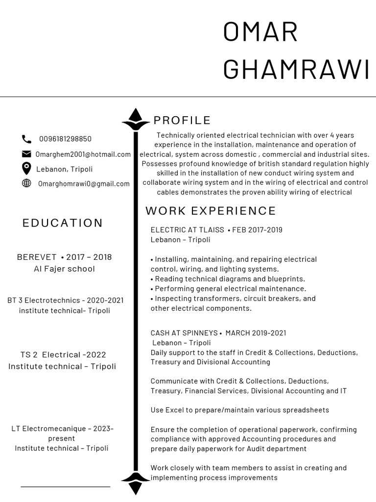 Omar Ghamrawi: Electrician Technician CV | PDF | Electrical Wiring ...