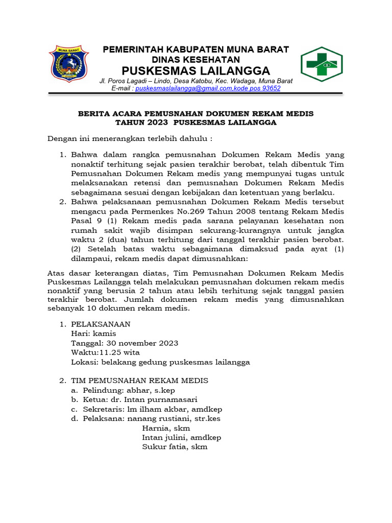 Pemusnahan Rekam Medis Puskesmas 2023 | PDF | Sains & Matematika