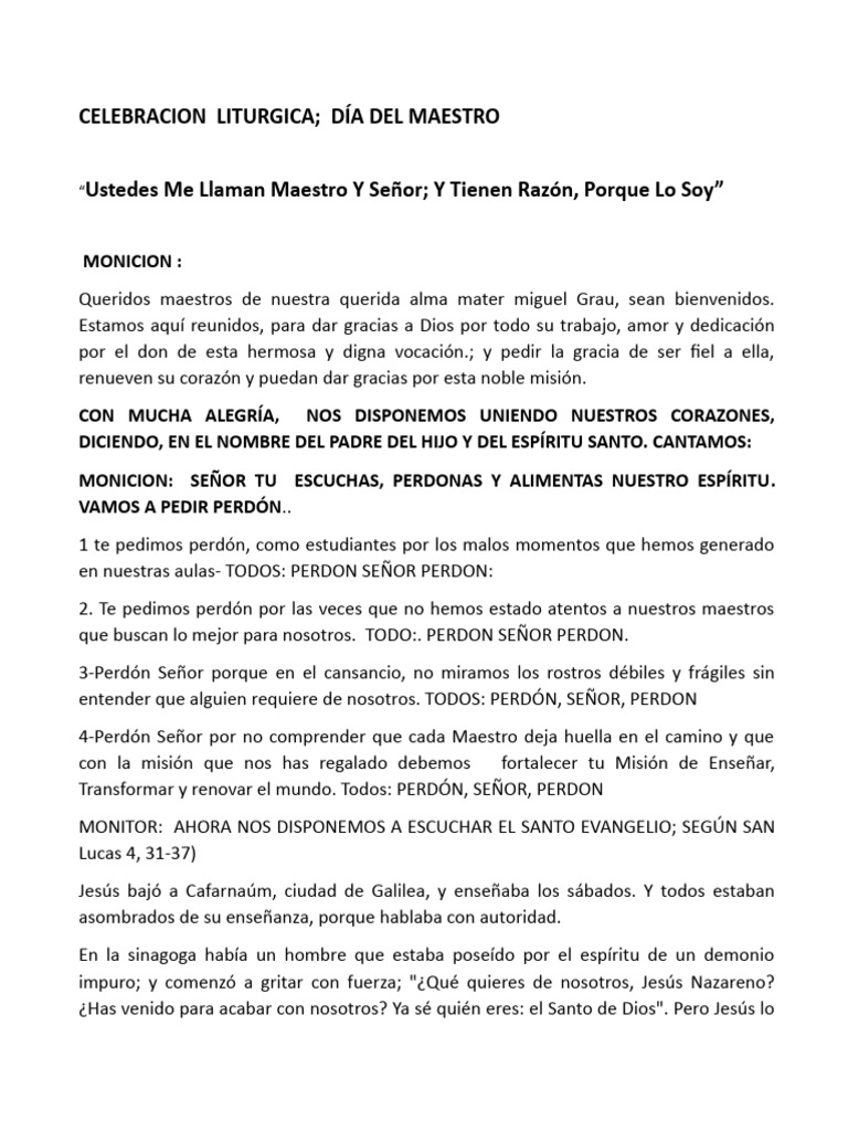 Liturgia Dia Del Maestro 2023 Miguel Grau | PDF | Jesús | Misa (liturgia)