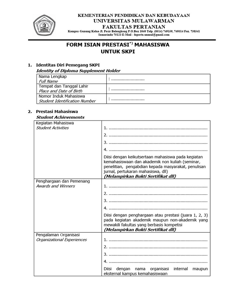 Form Isian Prestasi DLL Tuk SKPI | PDF | Karier & Perkembangan