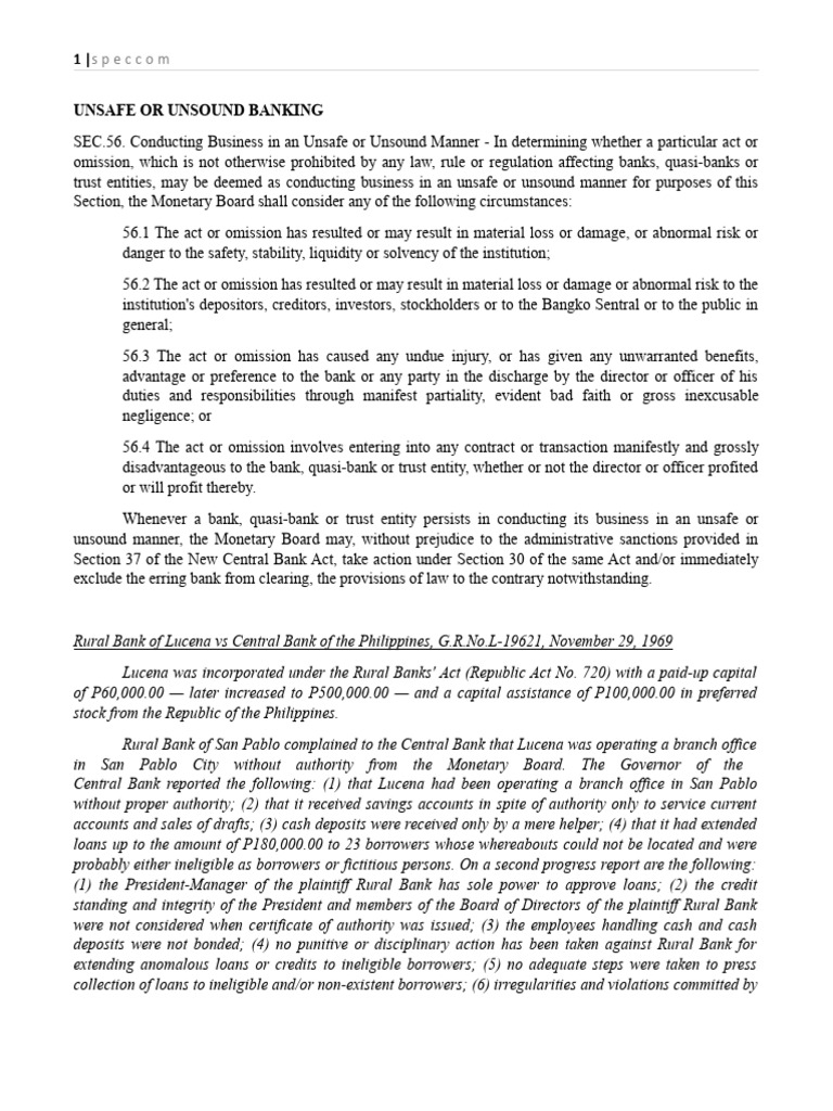 Unsafe or Unsound Banking: Speccom | PDF | Banks | Loans