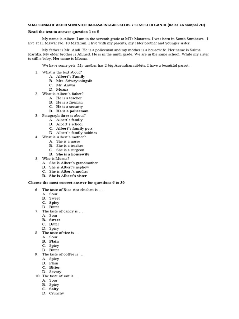 Soal Sumatif Akhir Semester Bahasa Inggris Kelas 7 Semester Ganjil | PDF | Taste | Food And Drink