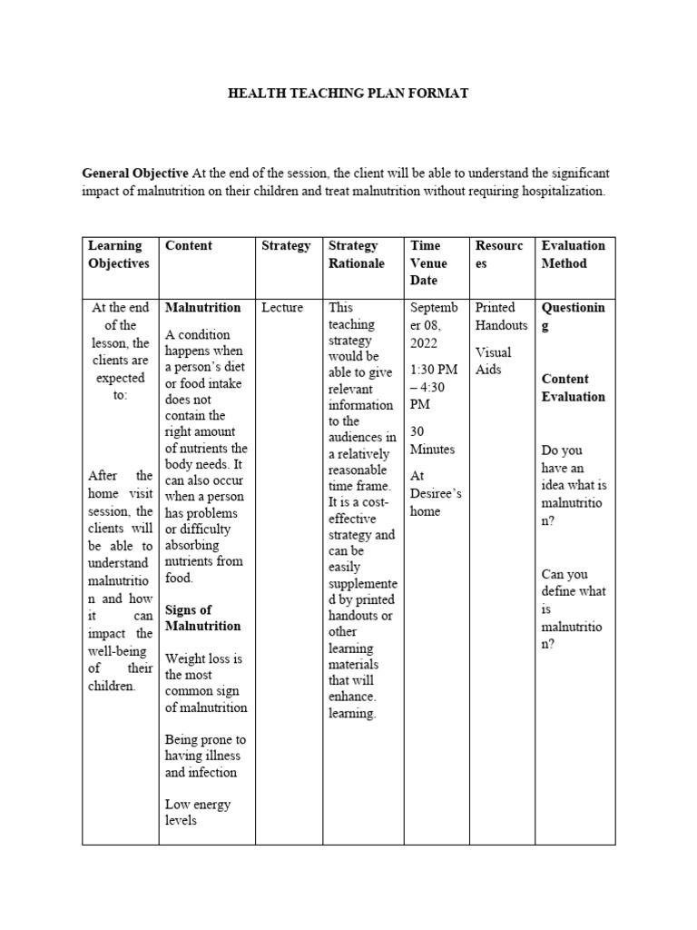 Health Teaching Plan | PDF | Malnutrition | Learning