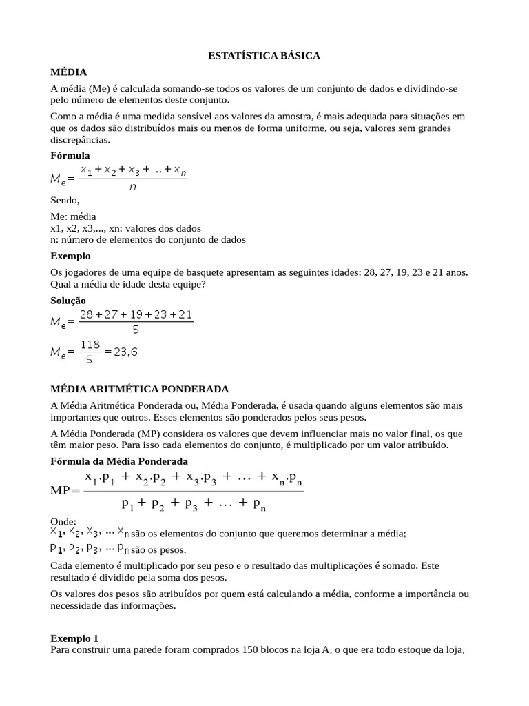 Estatística Básica | PDF | Média | Mediana (Estatística)