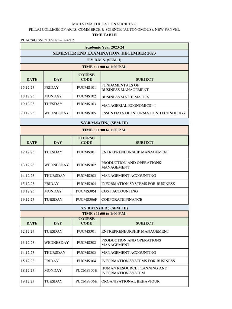 BMS 2023-24 Round 2 SE I III and V Examination Time Table December 2023 ...
