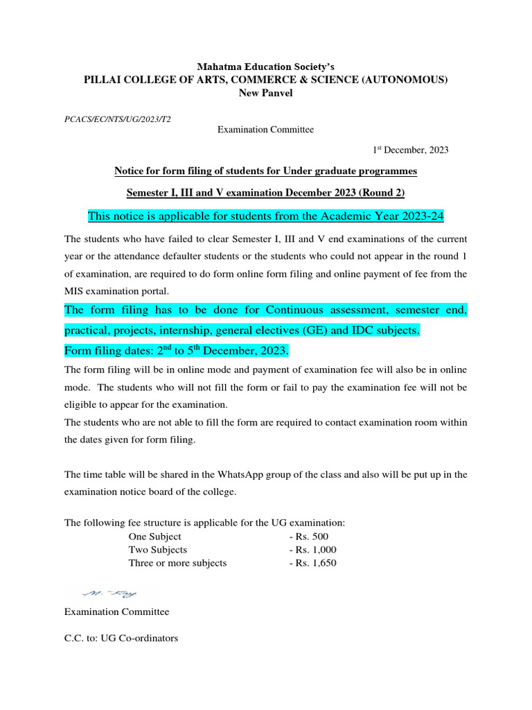 2023-24 Notice For Form Filing For Current Year Students | PDF | Career ...