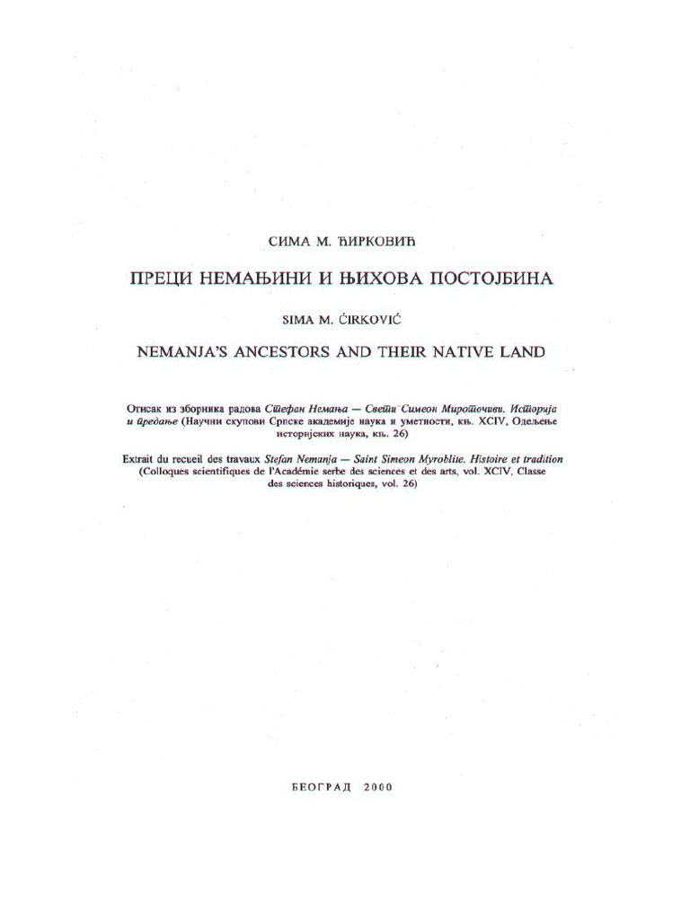Sima M Cirkovic Preci Nemanjini I Njihova Postojbina | PDF