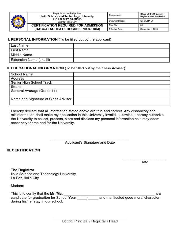 QF OURA 31 CERTIFICATION REQUIRED FOR ADMISSION BACCALAUREATE DEGREE ...
