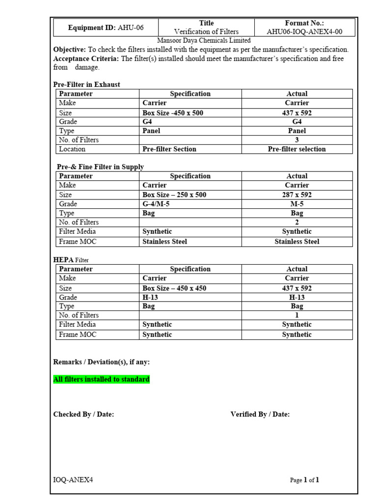 Filter Verification Report | PDF | Equipment | Tools