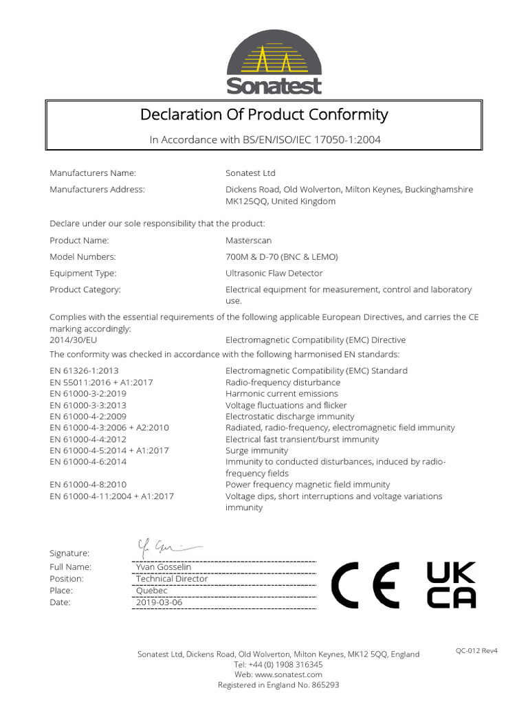 QC-012 Rev 4 - Masterscan Declaration of Product Conformity | PDF | Electromagnetic ...