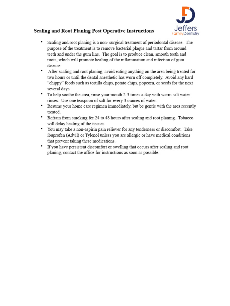 Scaling and Root Planing Post Operative Instructions | PDF Scaling and Root Planing Post Operative Instructions | PDF