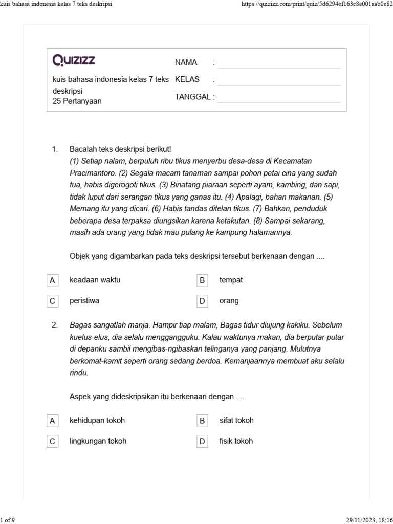 Kuis Bahasa Indonesia Kelas 7 Teks Deskripsi | PDF