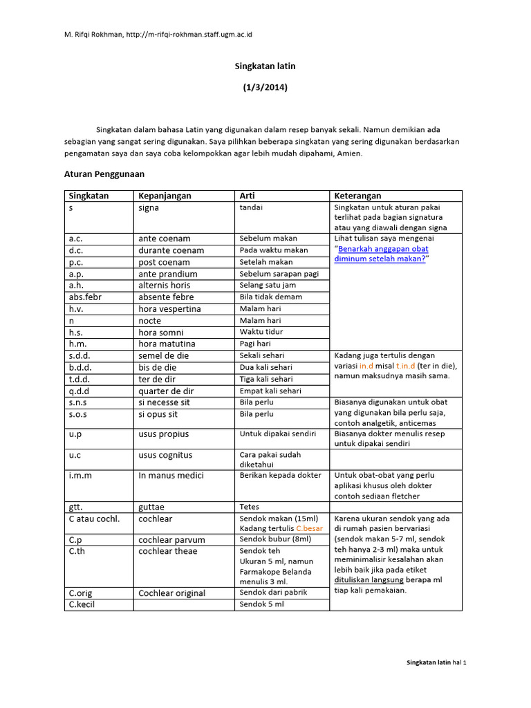 Singkatan Latin Untuk Resep Apoteker PDF | PDF