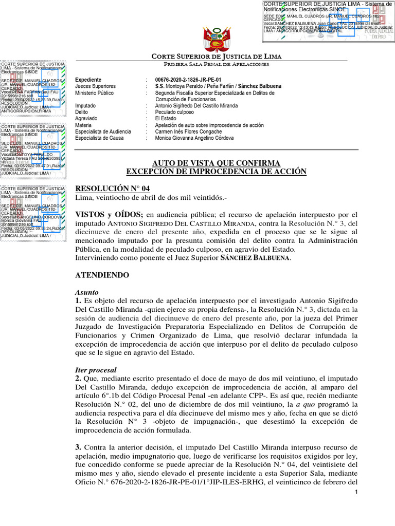 EXCEPCION DE IMPROCEDENCIA DE ACCIÓN | PDF | Derecho penal | Judicaturas