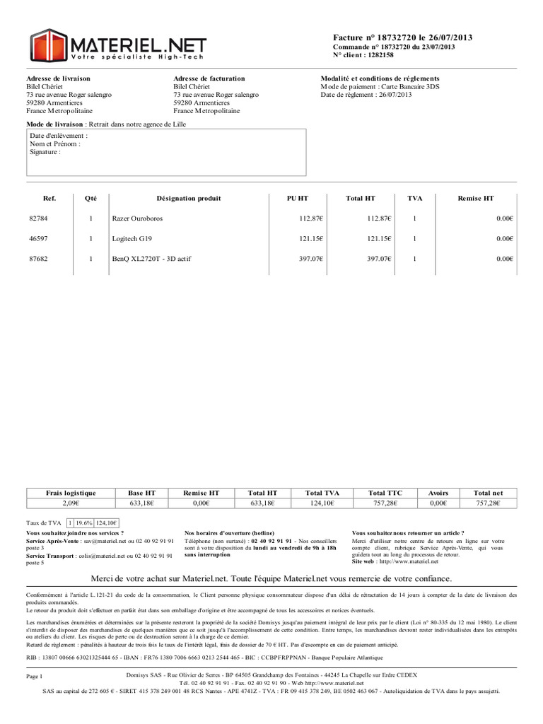 Facture N° 18732720 Le 26/07/2013 | PDF | Taxe sur la valeur ajoutée ...