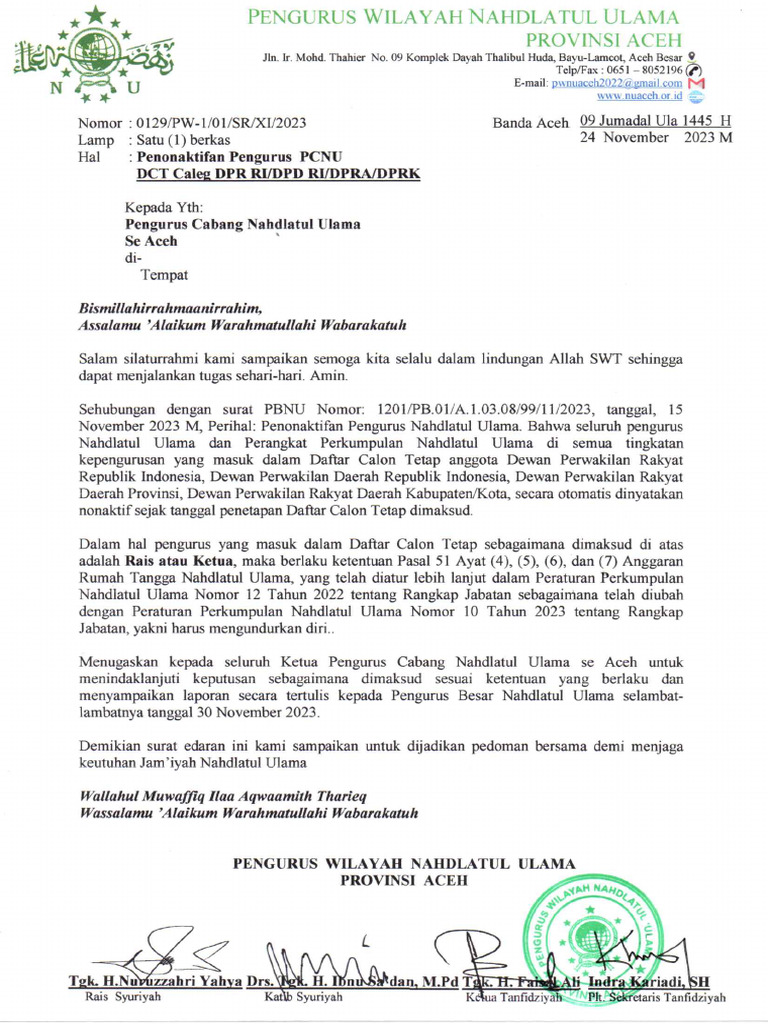 Surat Nonaktif Pengurus Pcnu Aceh Dalam DCT Caleg | PDF