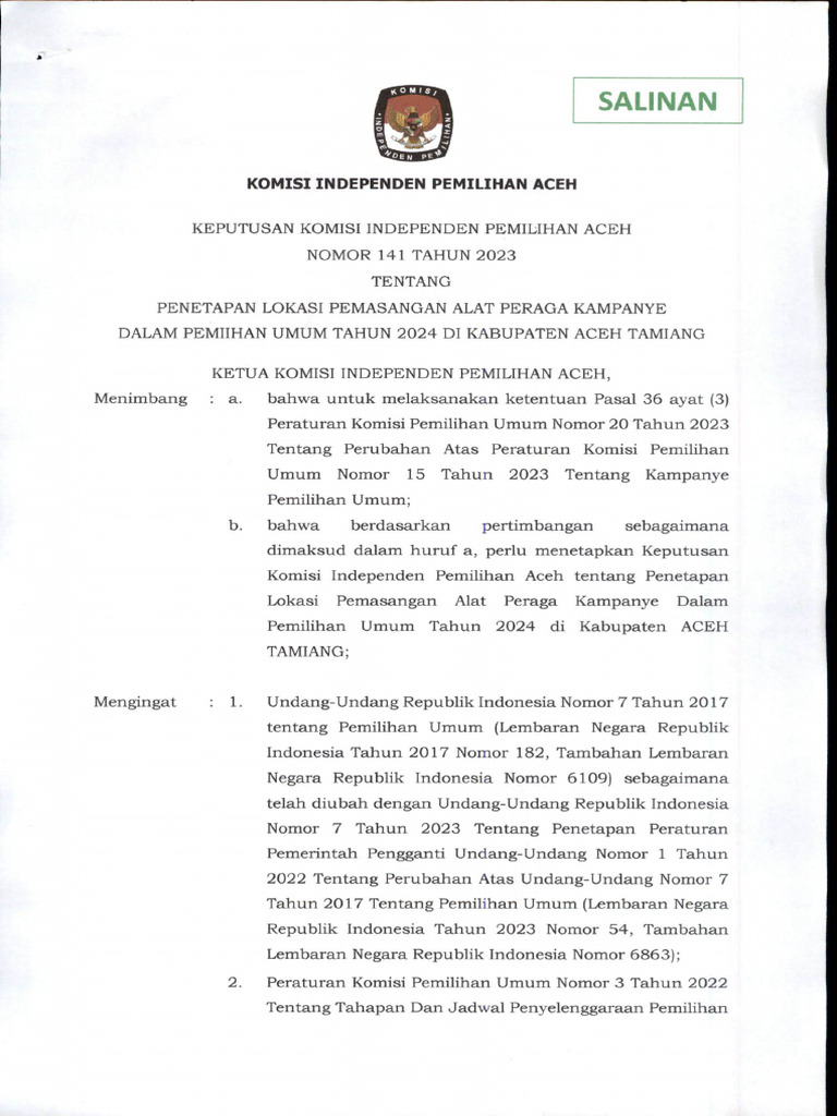 SALINAN SK 141 Tahun 2023 Penetapan Lokasi Pemasangan APK | PDF