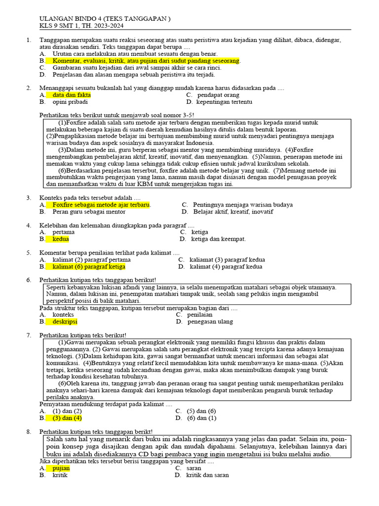 ULANGAN BINDO 4, Kls 9, SMT 1, TH 2023-2024 | PDF | Seni & Disiplin Bahasa
