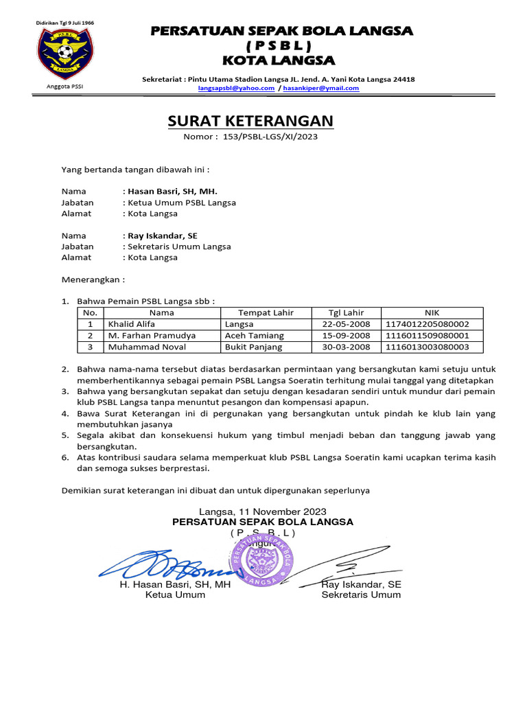 No. 153 - Surat Keterangan Pindah Ke Klub Lain | PDF | Olahraga & Rekreasi
