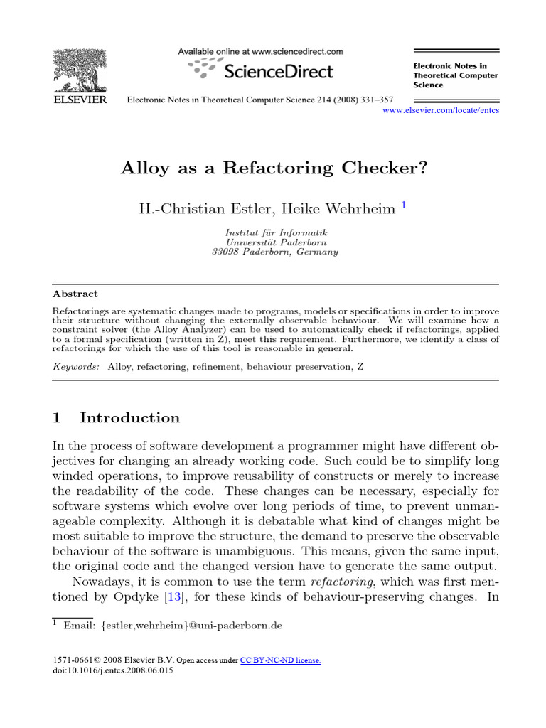 Alloy As Refactoring Checker PDF Formal Verification Computing