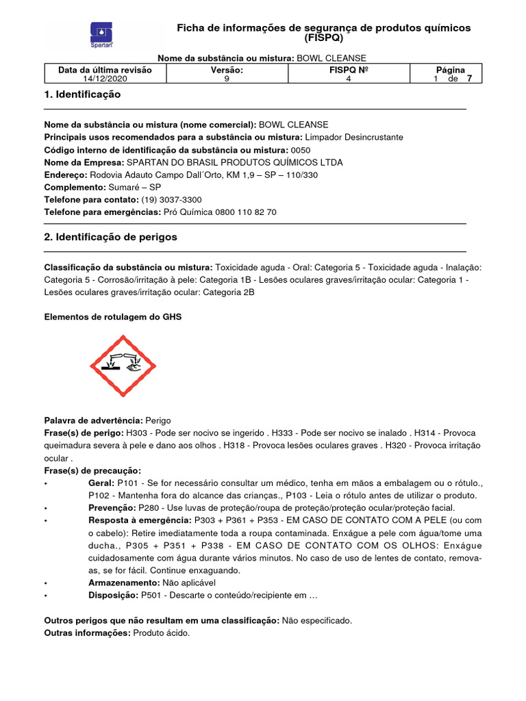 Fispq Bowl Cleanse | Download grátis PDF | Cloro | Primeiros socorros