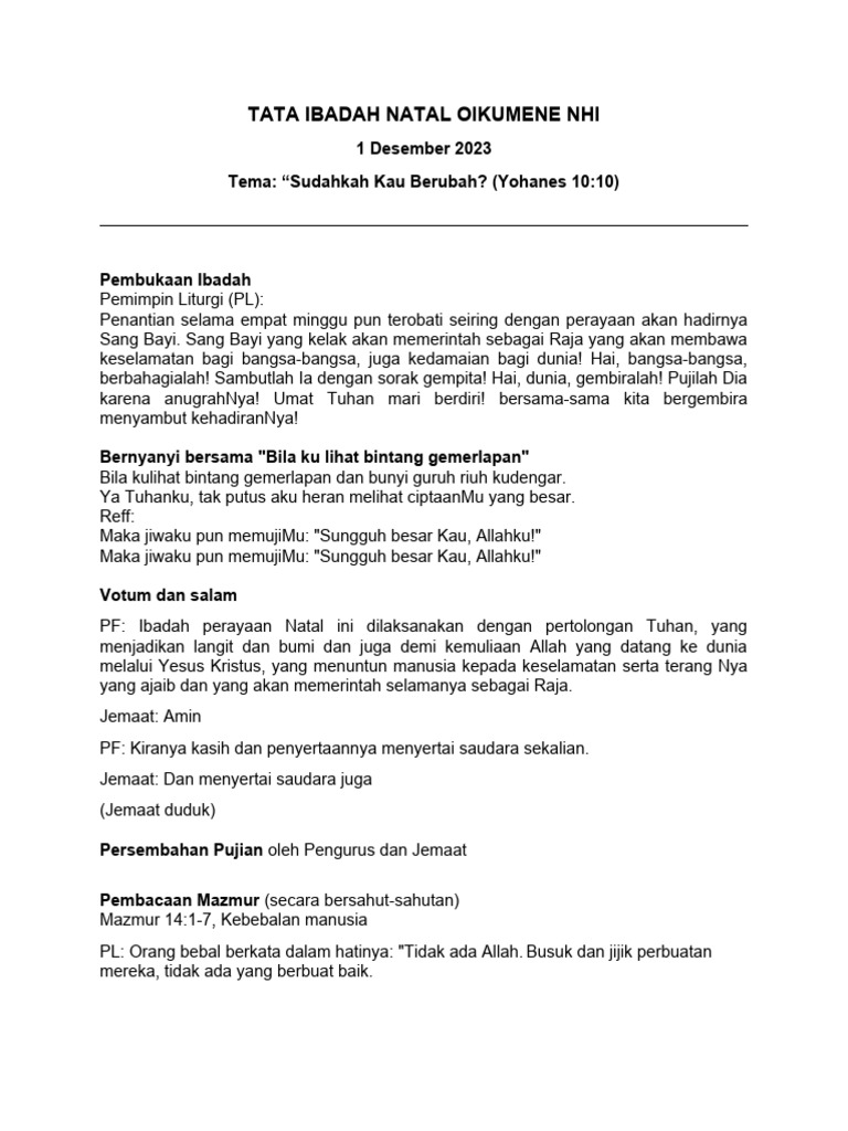 Tata Ibadah Natal Oikumene Nhi 2023 | PDF
