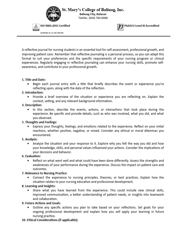 Reflective Journal Guide for Nursing Students | PDF | Nursing | Experience