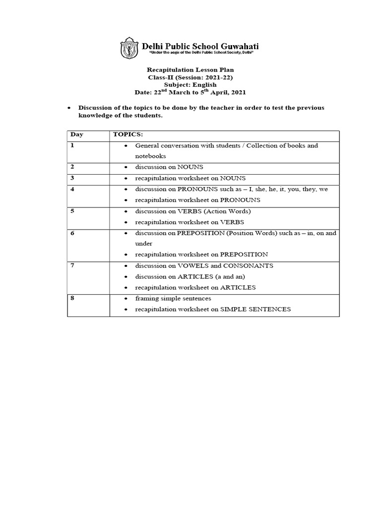 Class 2 English Recapitulation Lesson Plan and Worksheets | PDF ...