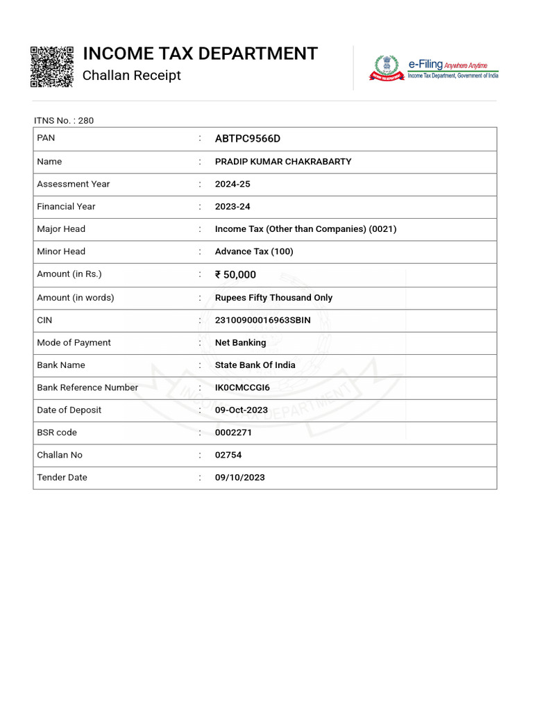 Income Tax Department: Challan Receipt | PDF | Taxes | Personal Finance