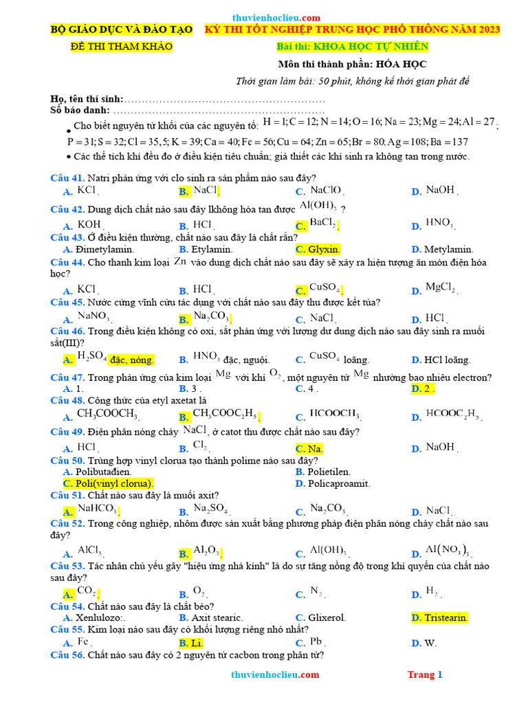 De Minh Hoa Thi Tot Nghiep Mon HOA 2023 Co Dap An | PDF