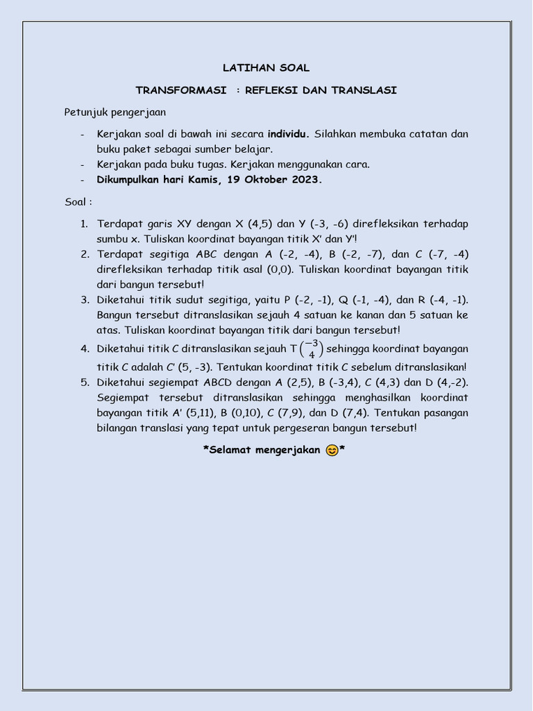 Latihan Soal Refleksi Dan Translasi | PDF
