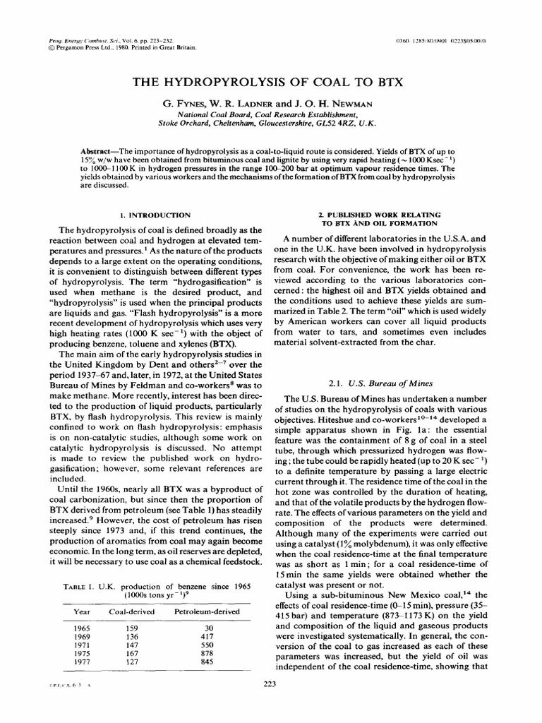 1-The Hydropyrolysis of Coal To BTX | PDF | Pyrolysis | Coal