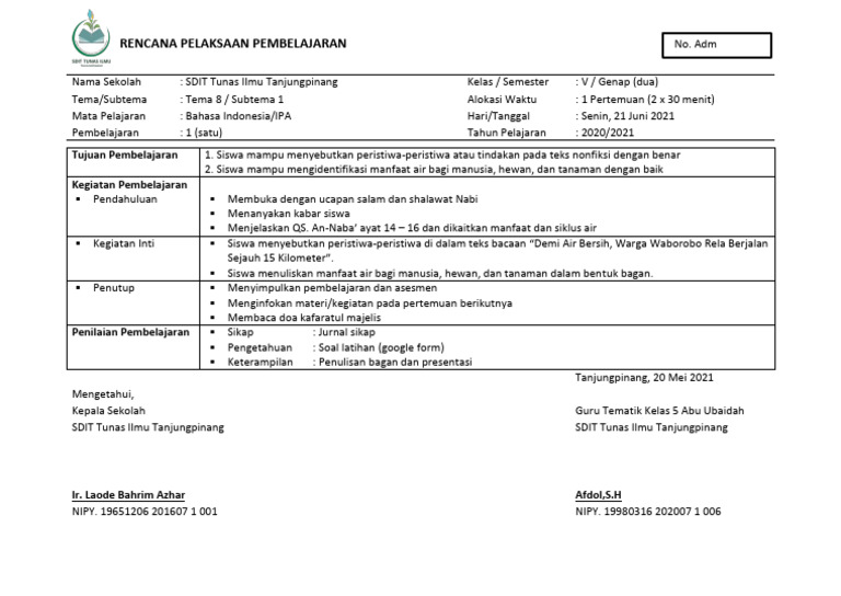 Contoh RPP 1 Lembar | PDF
