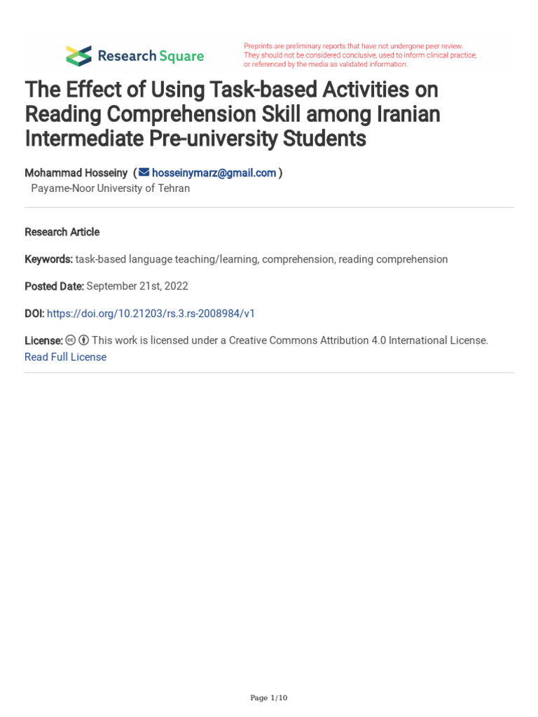 The Effect of Using Task-Based Activities On Readi | PDF | Learning ...