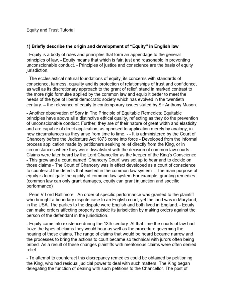 Equity And Trust Tutorial Pdf Equity Law Lease